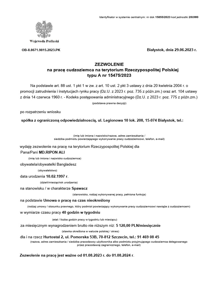 Ali Work Permit Poland | PDF