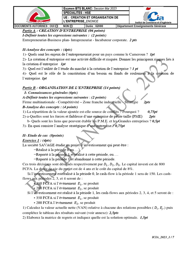 Examen BTS Blanc: Création d'Entreprise | PDF | Business | Petite ou ...