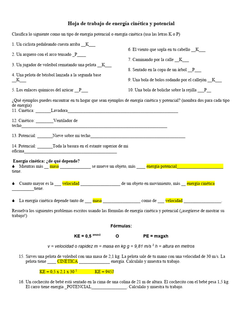 Hoja de trabajo: Energía cinética y potencial | PDF