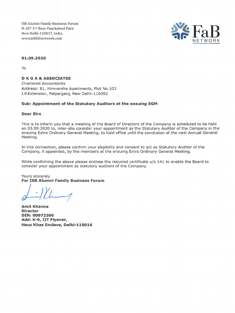 Auditor Appointment Intimation Letter | PDF