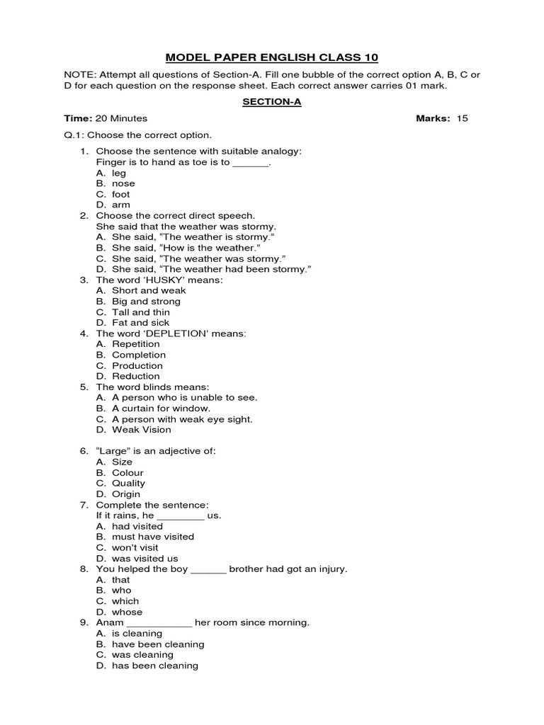English Model Paper 10 | PDF | Verb | Object (Grammar)