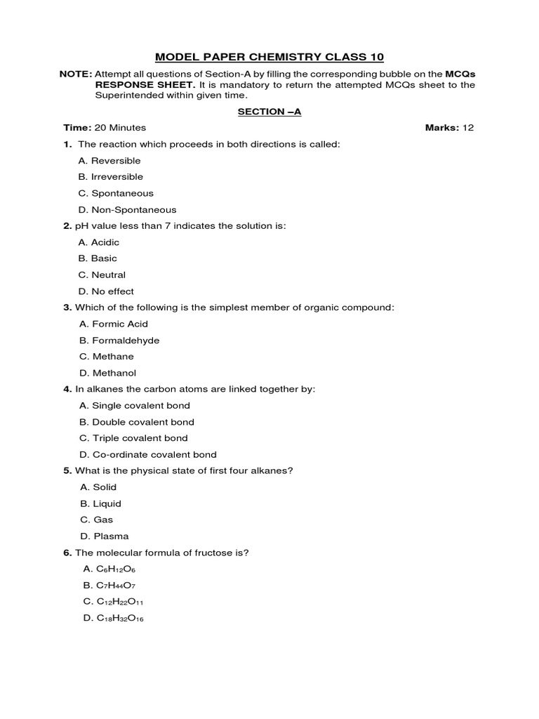 Chemistry Model PAPER 10th | PDF | Chemical Bond | Alkane