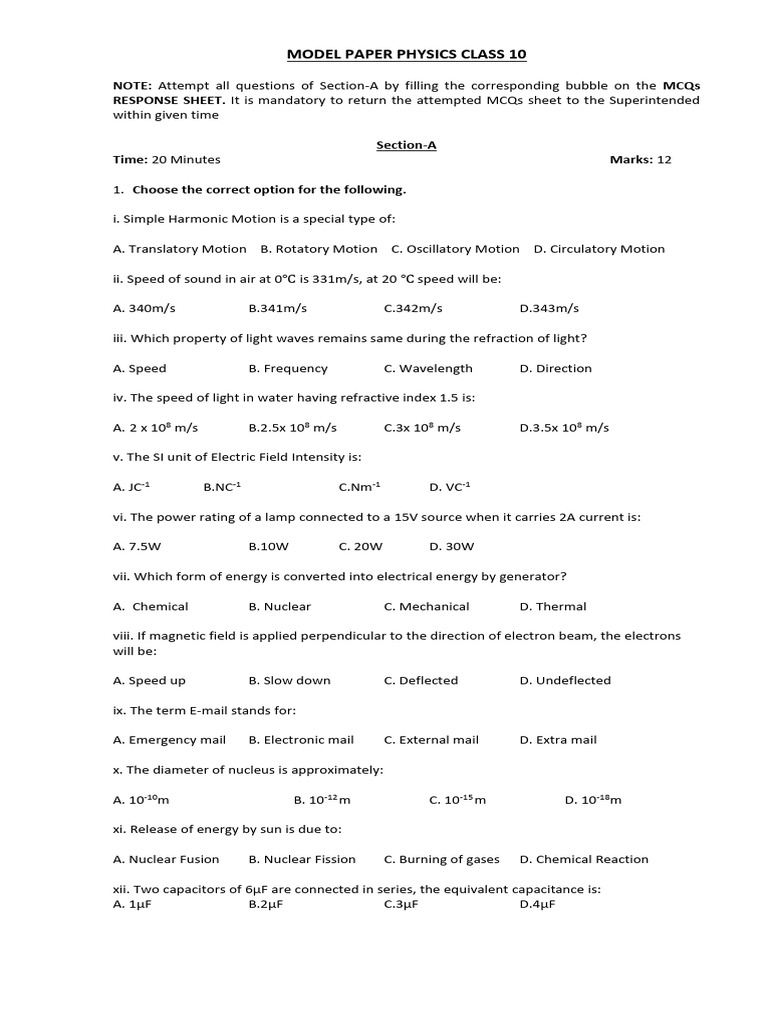 Model Paper Physics | PDF | Electromagnetic Induction | Electrical ...