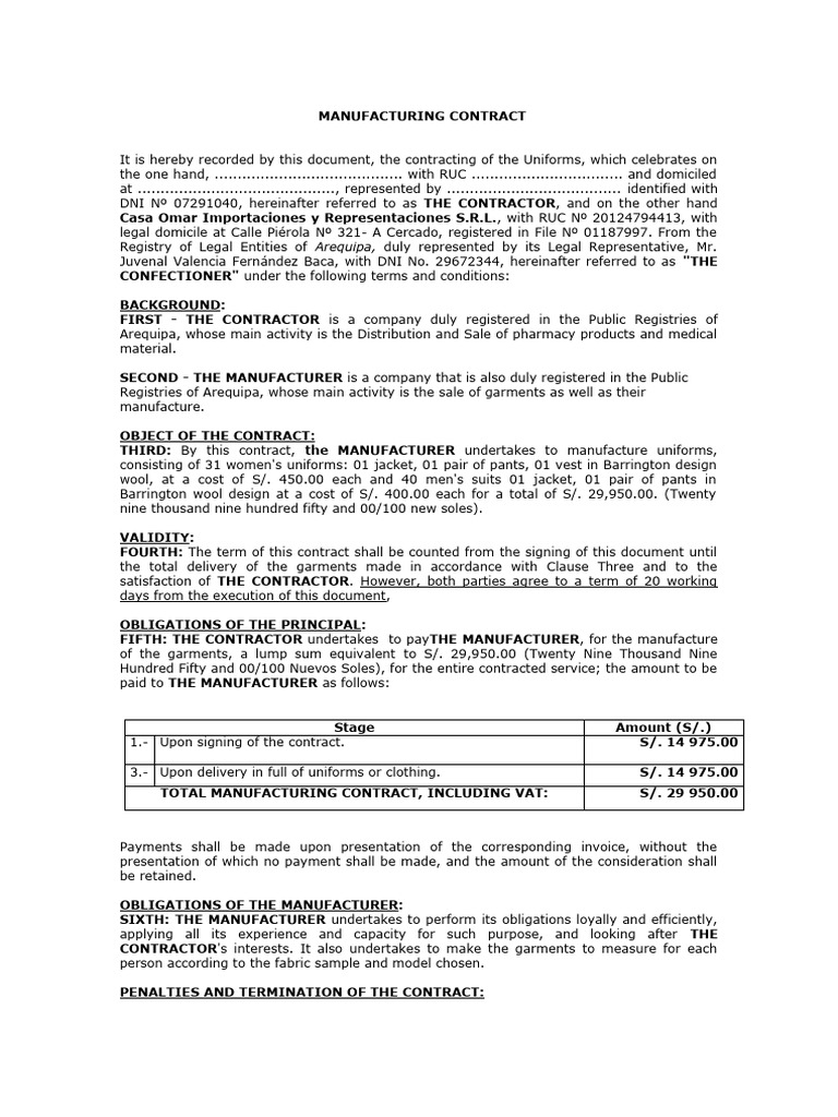 MANUFACTURING CONTRACT | PDF | Justice | Crime & Violence