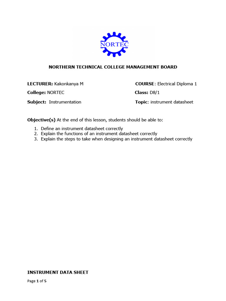 2 Lesson Notes Instrument Datasheet | PDF | Instrumentation | Calibration