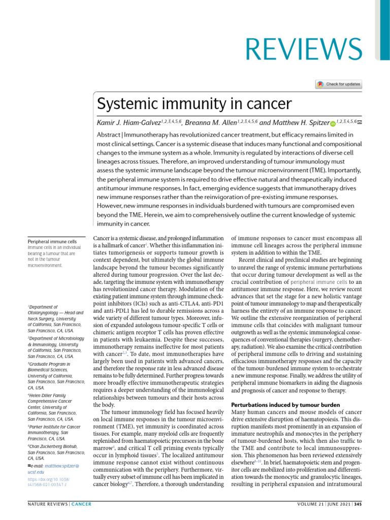 Reviews Systemic Immunity In Cancer Pdf Haematopoiesis Immunotherapy