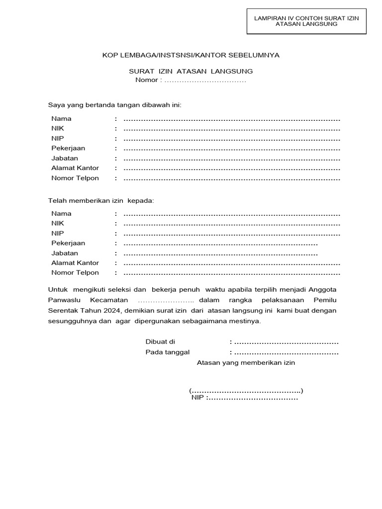 Contoh SURAT IZIN ATASAN LANGSUNG | PDF Contoh SURAT IZIN ATASAN LANGSUNG | PDF