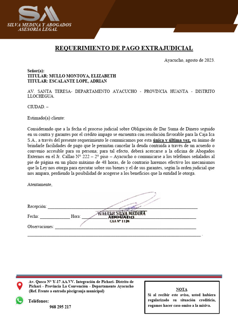 requerimiento de pago extrajudicial | PDF