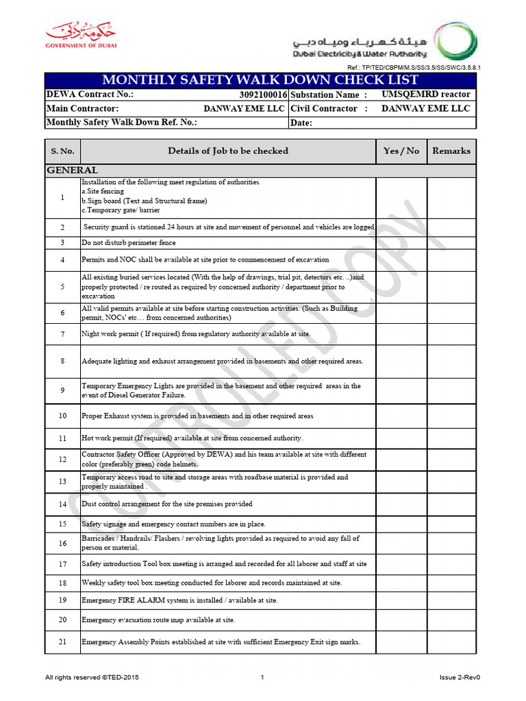 Monthly Safety Walk Down Checklist | PDF | Scaffolding | Safety