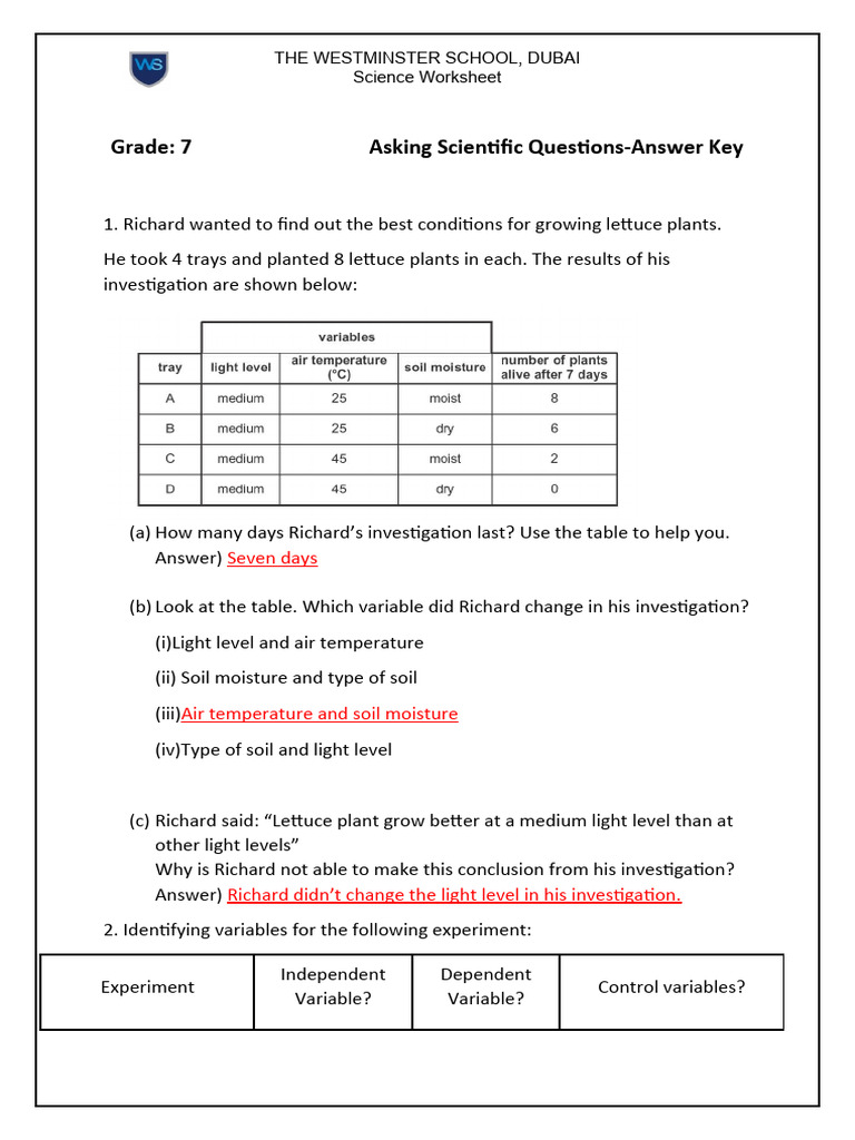 Asking Scientific Quesions WRKSHT SCI YR7 | PDF | Soil | Lettuce