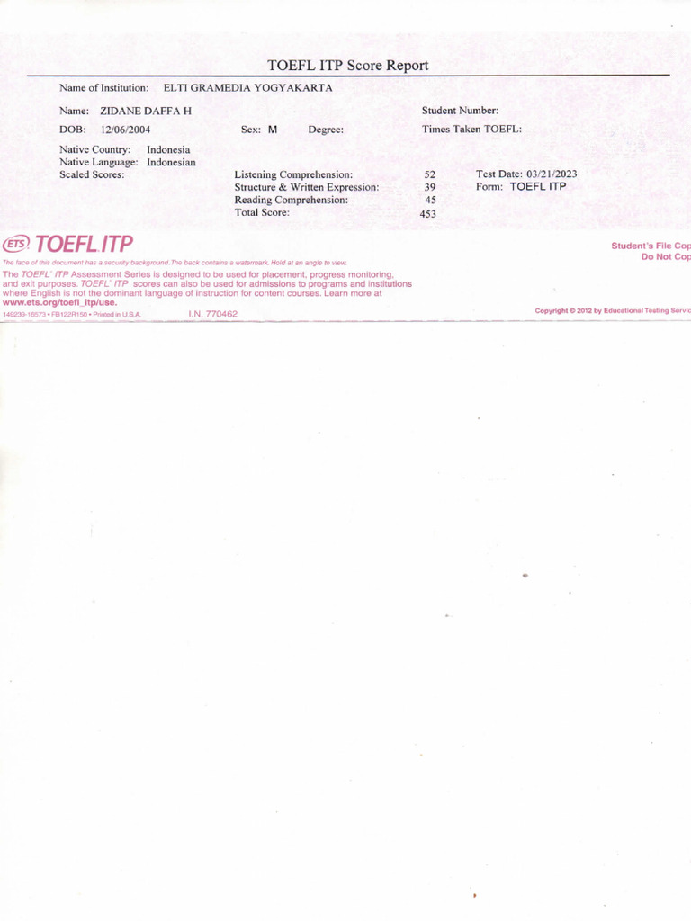 Toefl Itp Score Itp | PDF