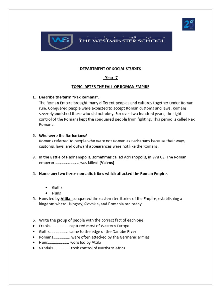 Y7-WS-After The Fall of Roman Empire - Answer Key | PDF
