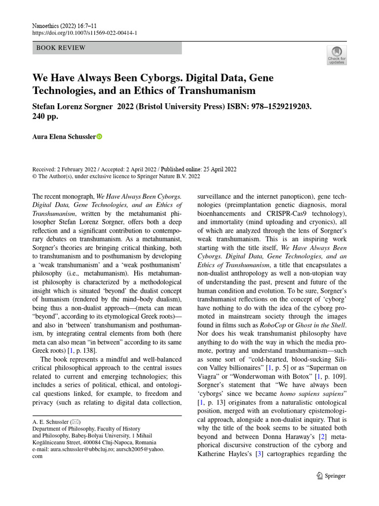 We Have Always Been Cyborgs. Digital Data, Gene Technologies, and An Ethics of Transhumanism | PDF