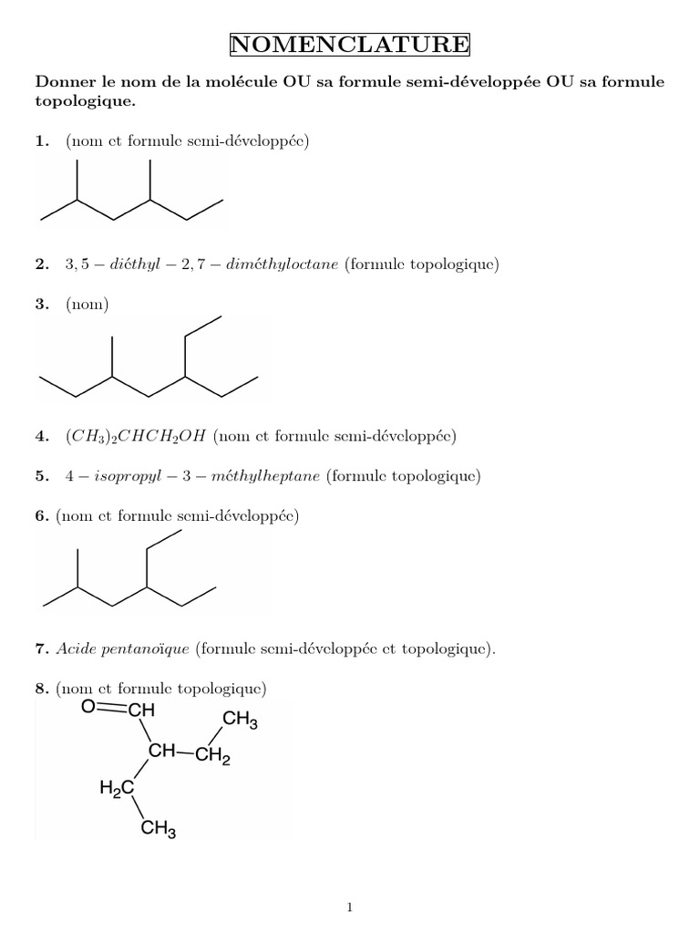 Exercices Nomenclature Des Composes Organiques - Première | PDF