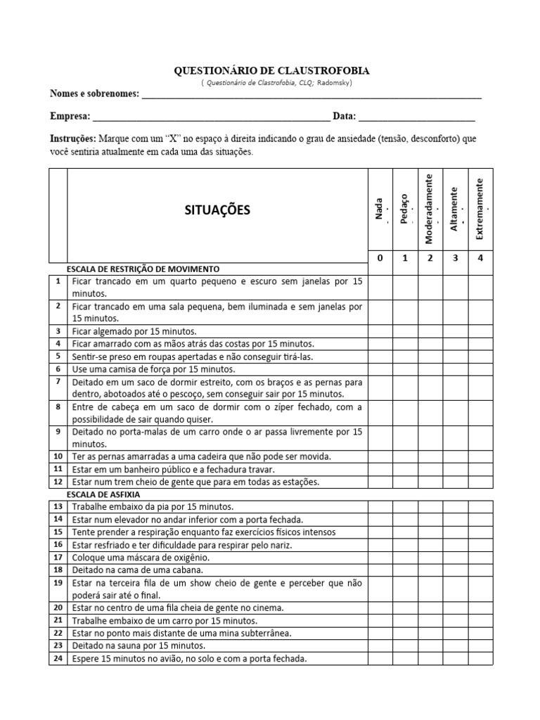 Questionário de Claustrofobia (CLQ) | PDF