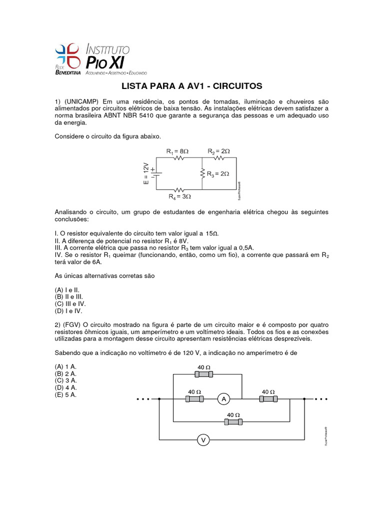 Lista de Circuitos (AV1) PDF | PDF | Rede elétrica | Resistência elétrica e condutividade