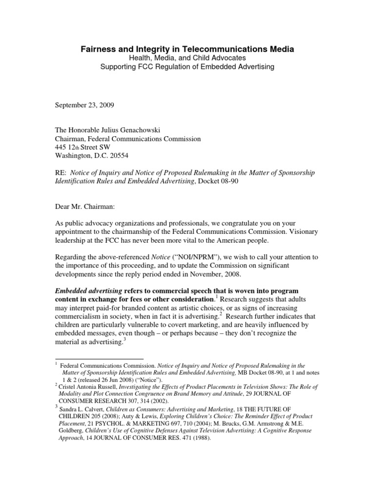 FCC Advocacy for Embedded Advertising Rules | PDF | Federal ...