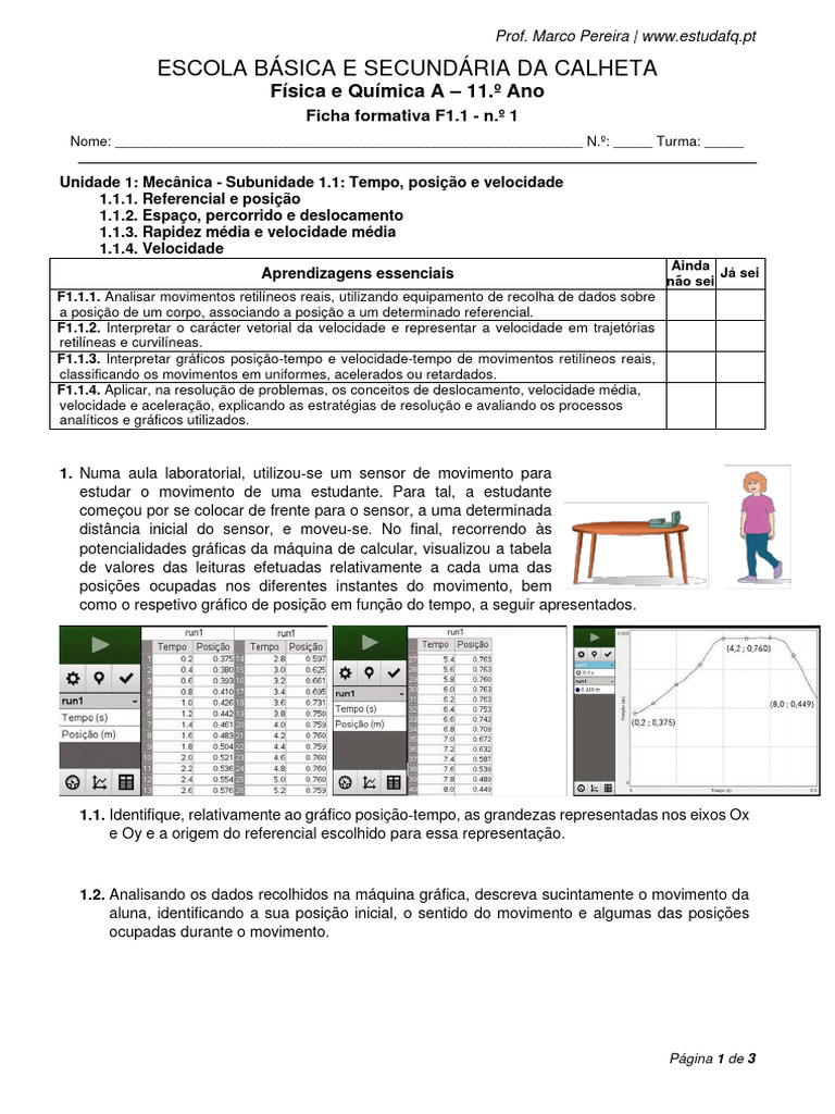 11FQA Ficha Formativa F1.1 MECANICA | PDF | Velocidade | Física ...