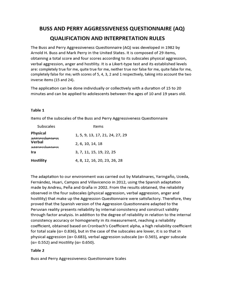 BUSS AND PERRY AGGRESSIVENESS QUESTIONNAIRE-Rating | PDF | Internal ...
