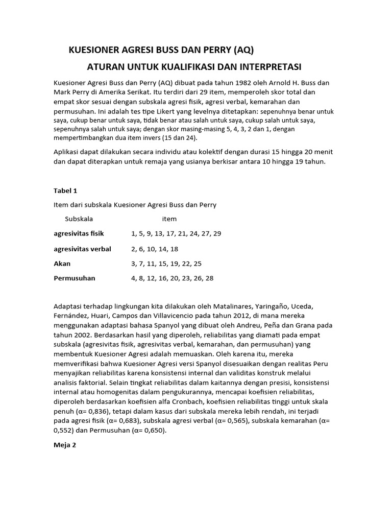 Peringkat Kuesioner Agresif Buss Dan Perry | PDF