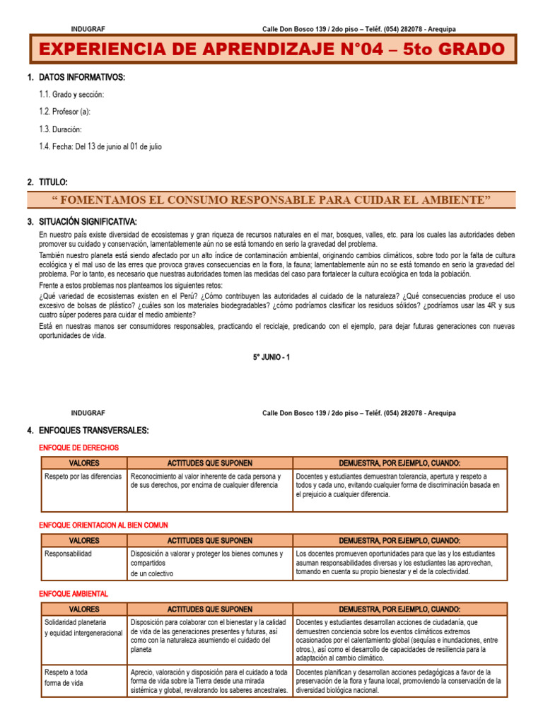 5° Grado - Experiencia de Aprendizaje N°04 | PDF