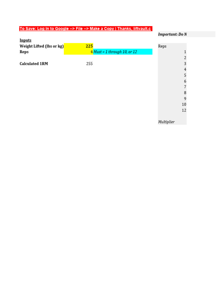 One Rep Max Calculator Spreadsheet | PDF | Computing | Computer Science