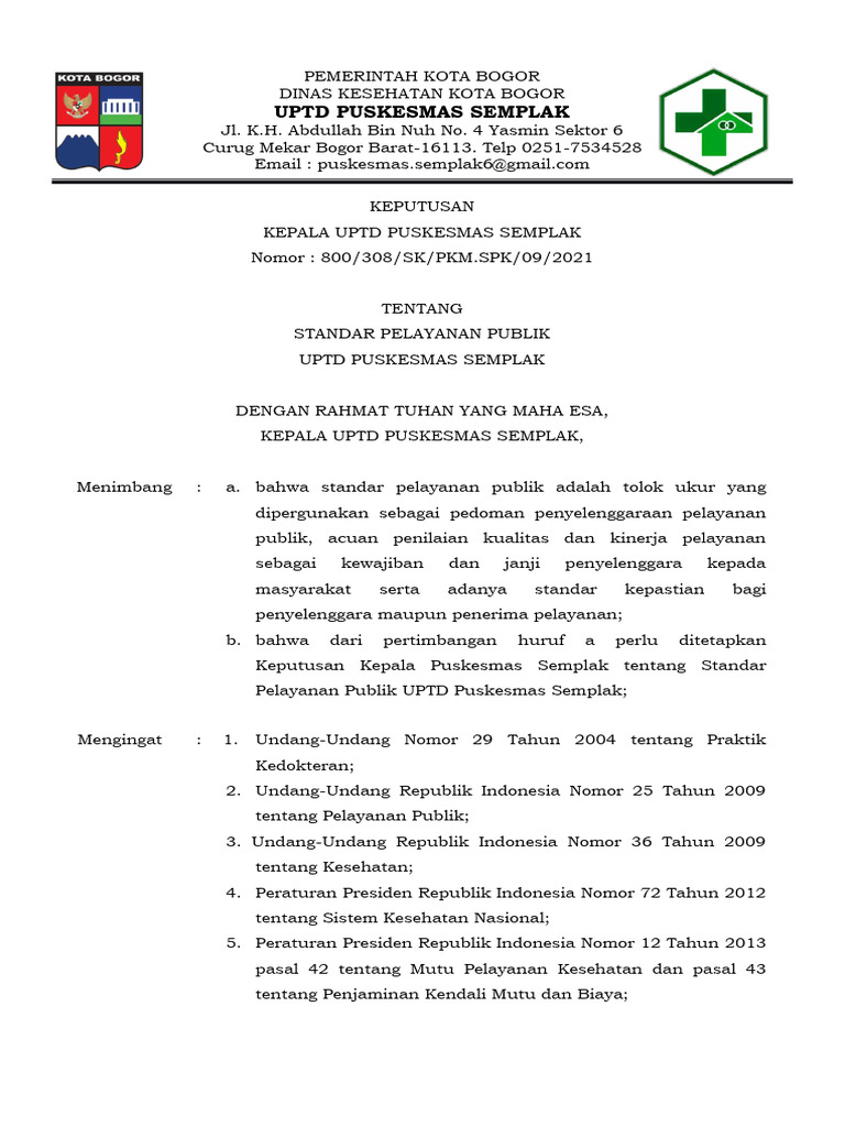 Contoh SK Standar Pelayanan Poli Puskesmas | PDF
