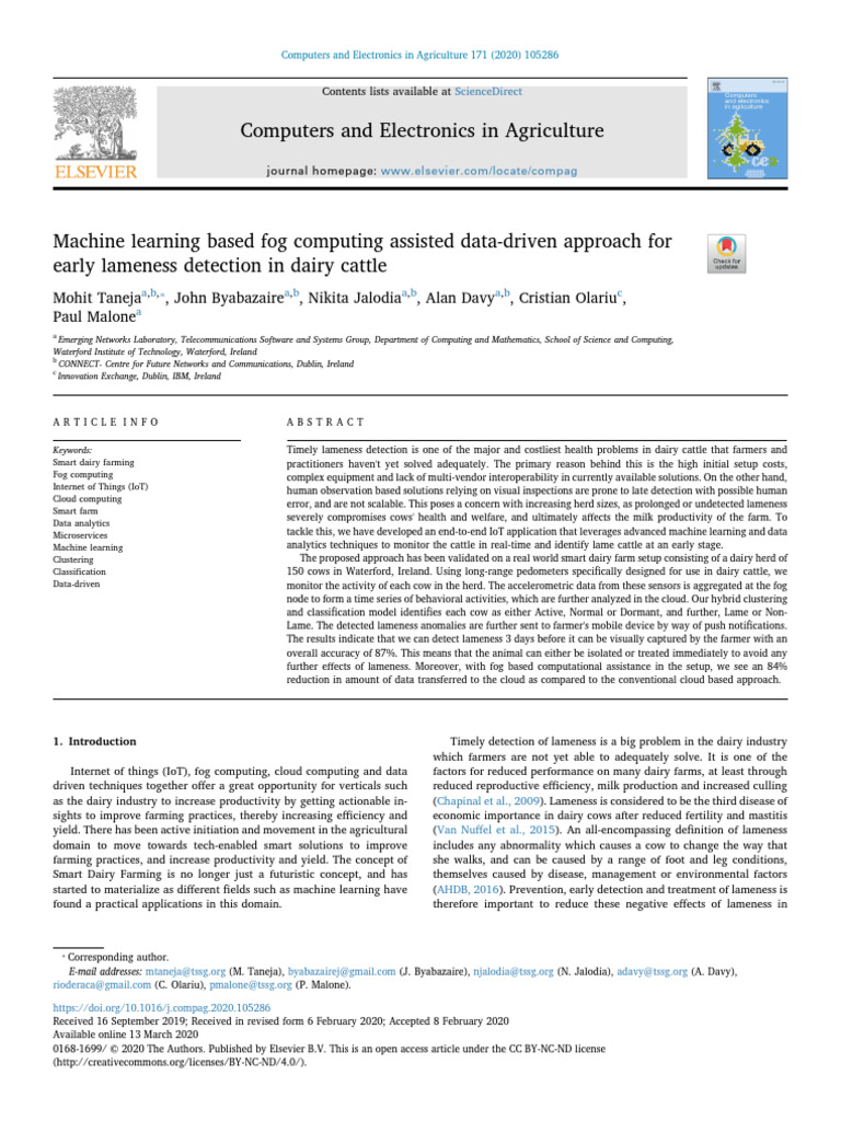Early Lameness Detection in Dairy Cattle | PDF | Internet Of Things | Cloud Computing