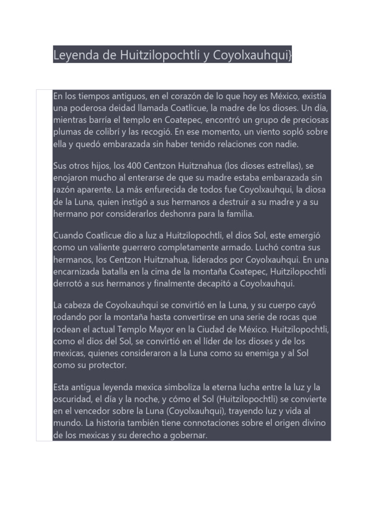 Leyenda de Huitzilopochtli y Coyolxauhqui | PDF