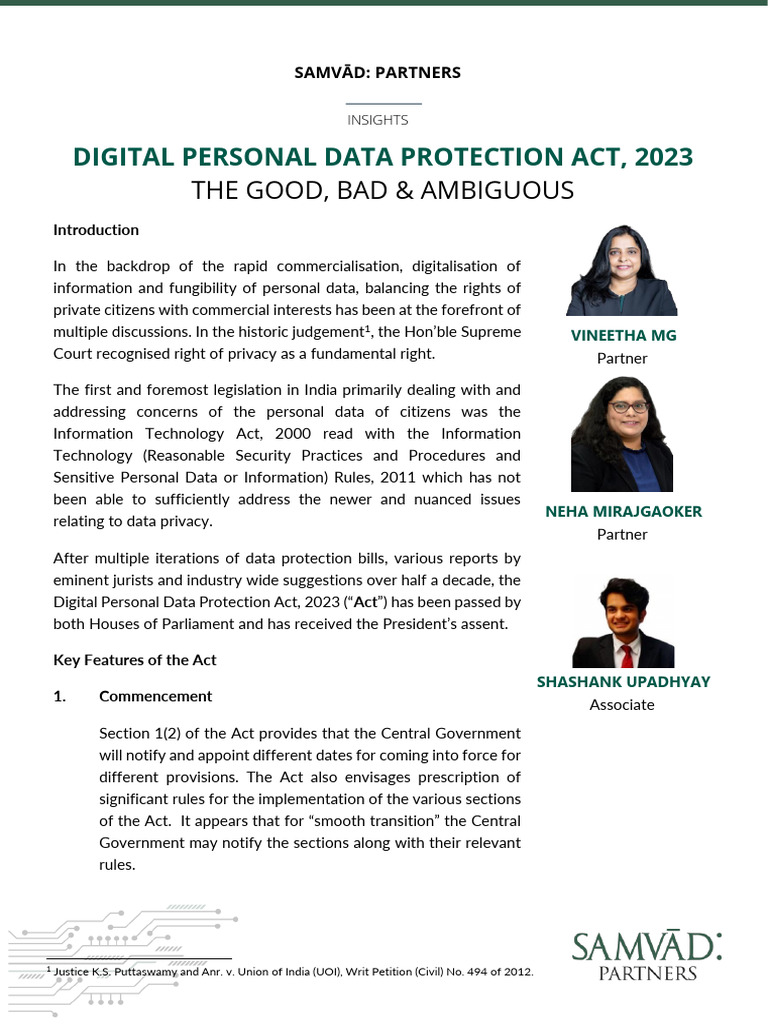Note On Digital Personal Data Protection Act 2023 Final | Download Free ...