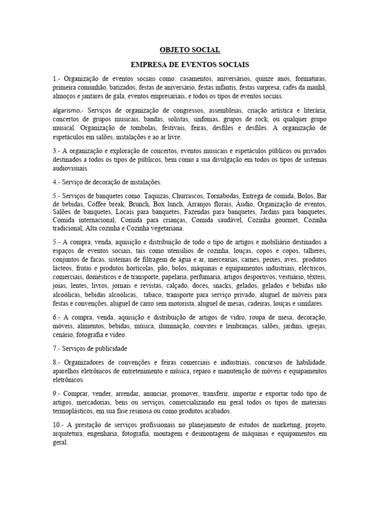 Objeto Social - Eventos Sociais | PDF | Publicidade | Setor terciário da economia