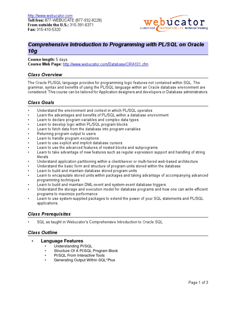 Comprehensive Introduction To Programming With PL/SQL On Oracle 10g ...