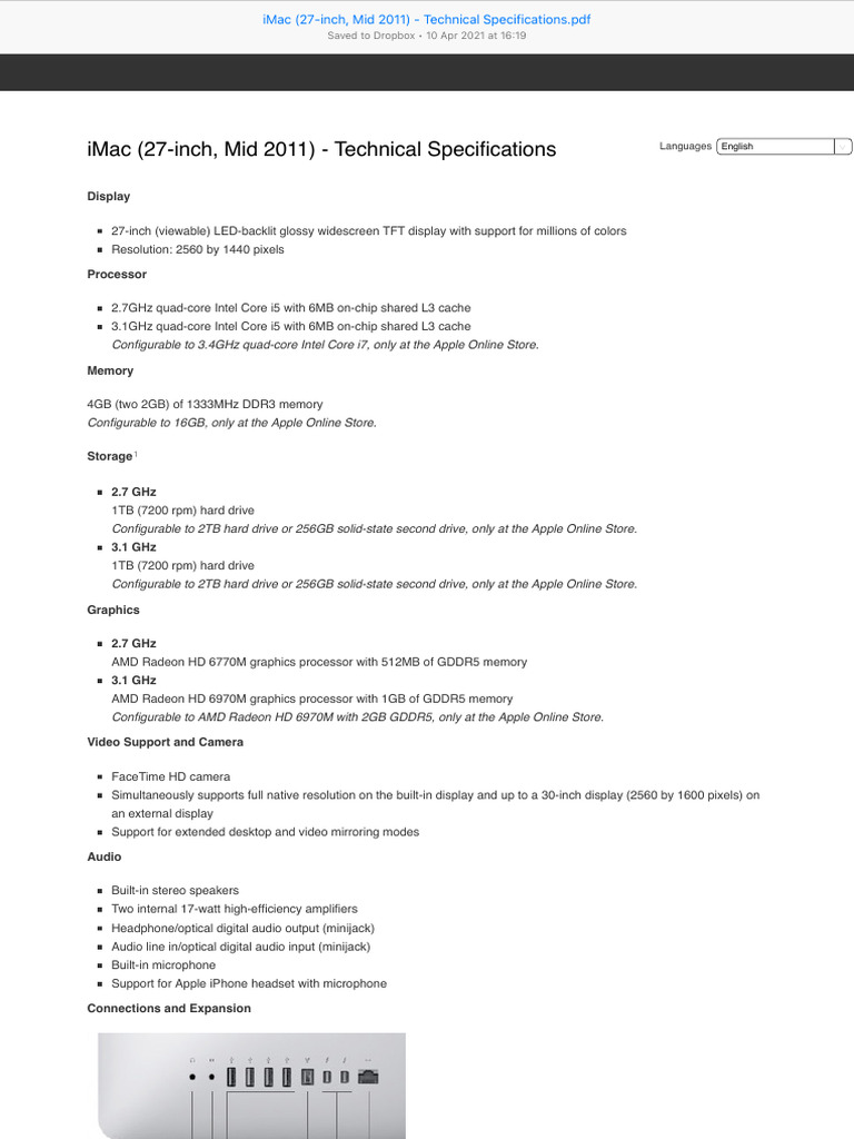 Imac (27-Inch, Mid 2011) - Technical Specifications | Download Free PDF ...