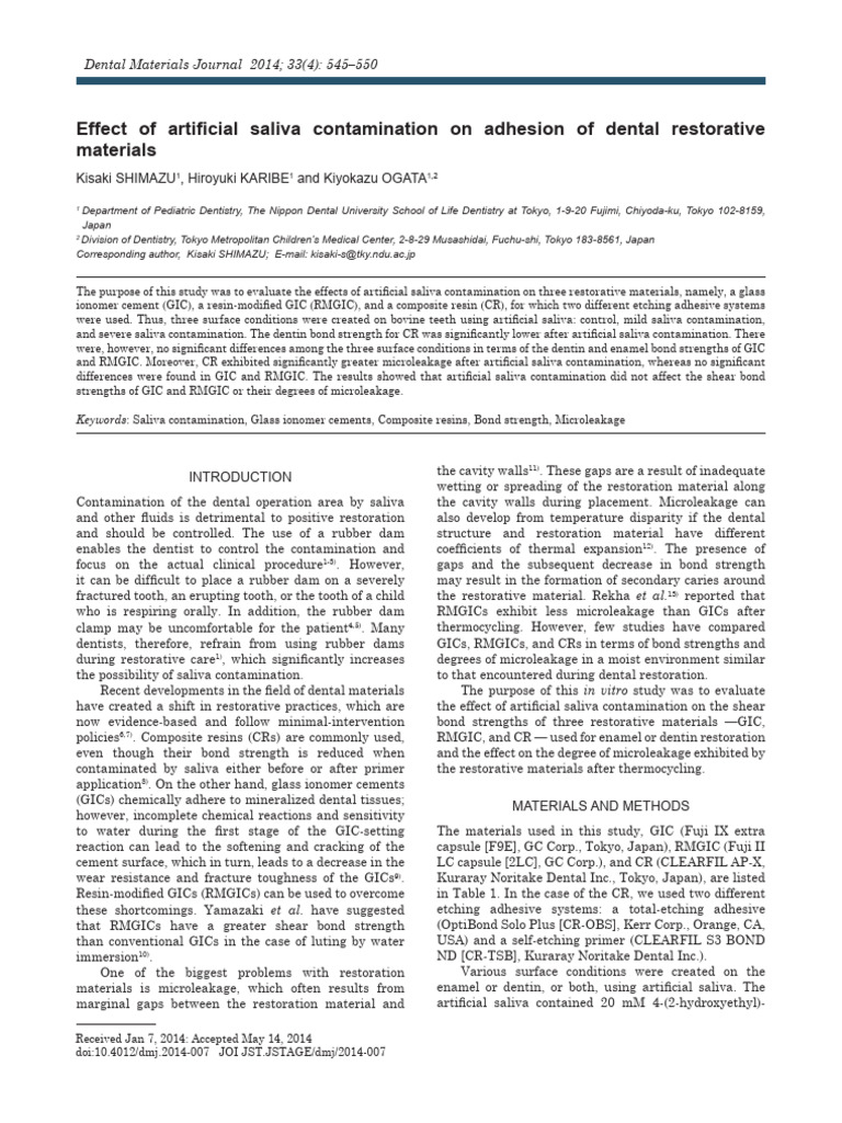 Effect of Artificial Saliva Contamination On Adhesion of Dental ...