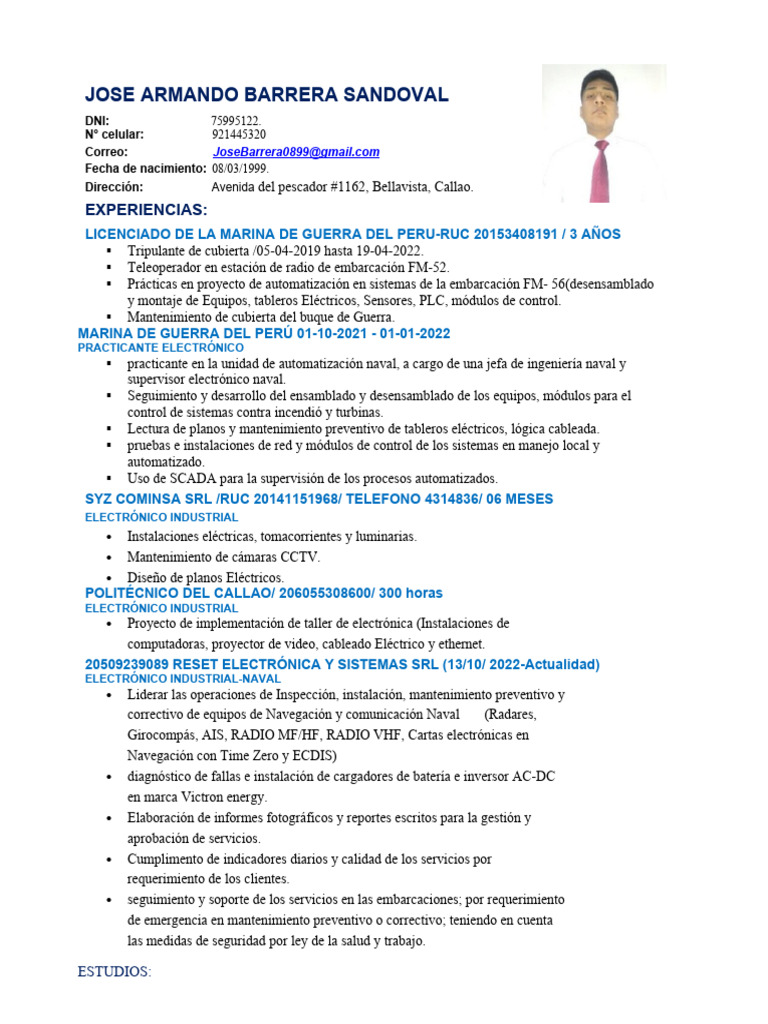 CV Jose Armando Barrera Sandoval | PDF | Informática | Electricidad