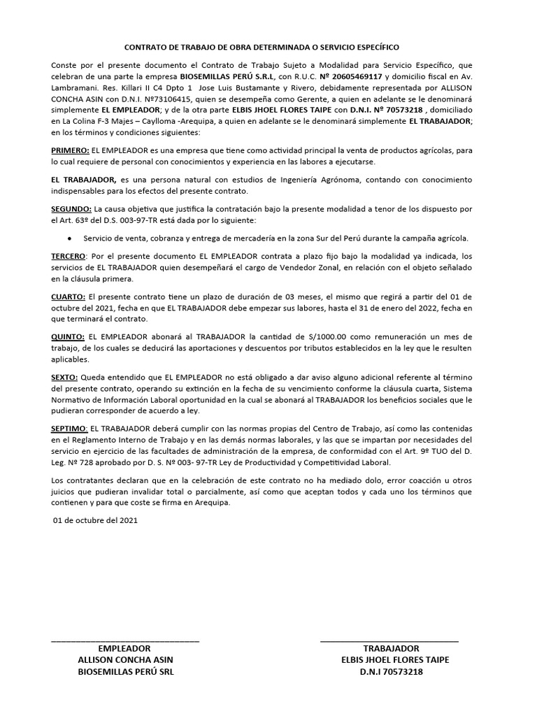 Contrato de Trabajo de Obra Determinada o Servicio Específico | PDF | Derecho laboral | Salario