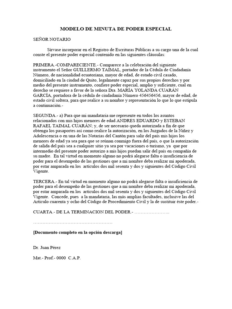 MODELO DE MINUTA DE PODER ESPECIAL REPRESENTACION SALIDA DEL PAIS | PDF