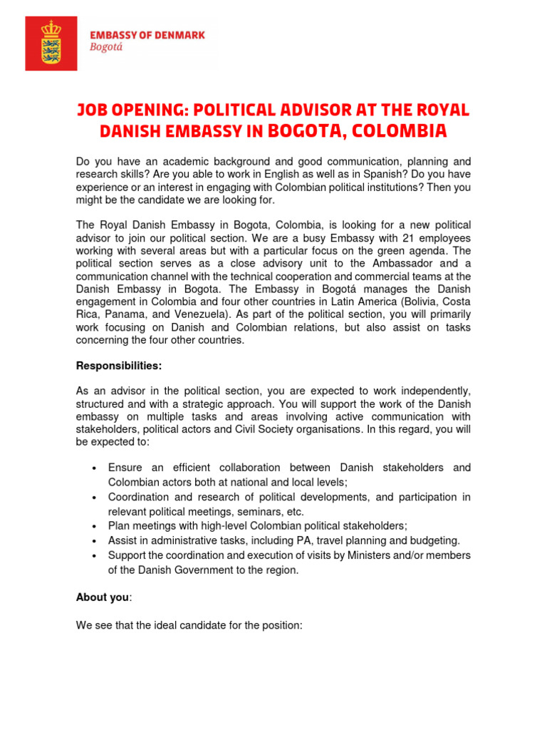 Political Advisor Job at Danish Embassy | PDF | Colombia | Bogotá