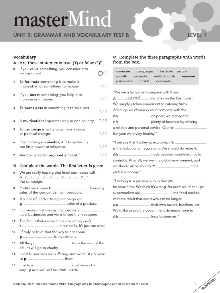 Unit 1 Vocabulary and Grammar Test | PDF