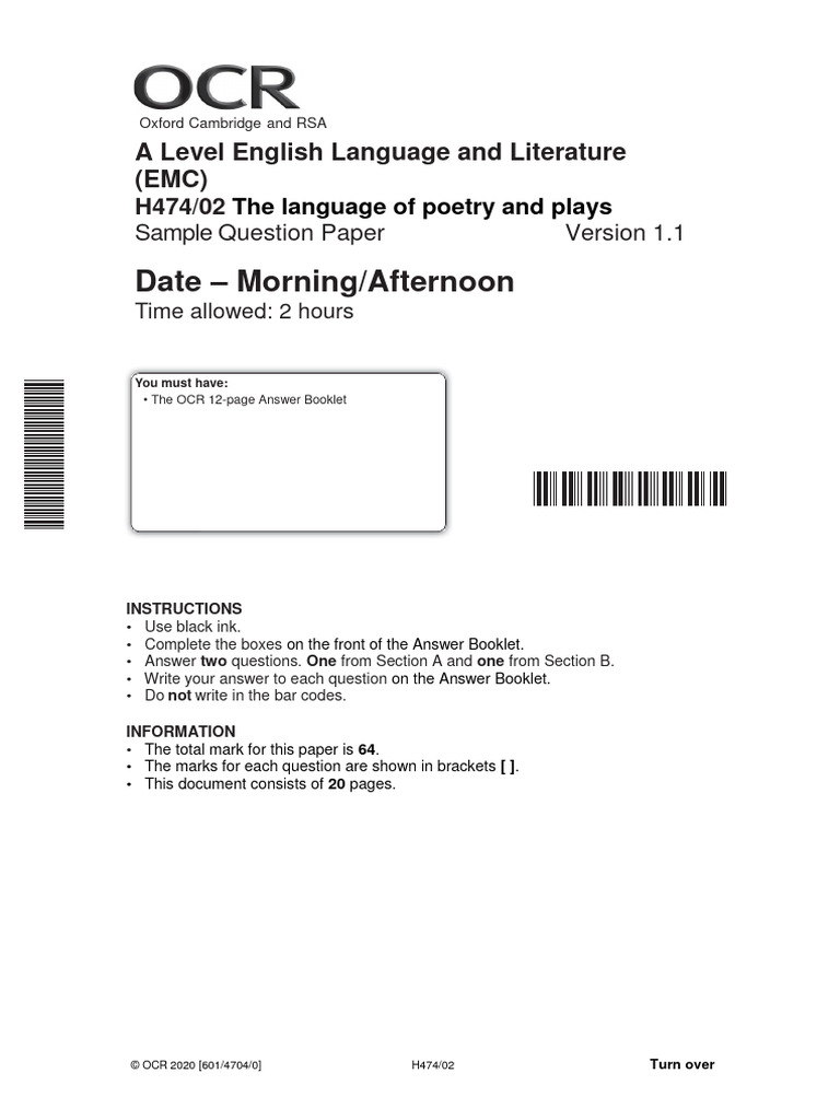 Unit h474 02 The Language of Poetry and Plays Sample Assessment ...