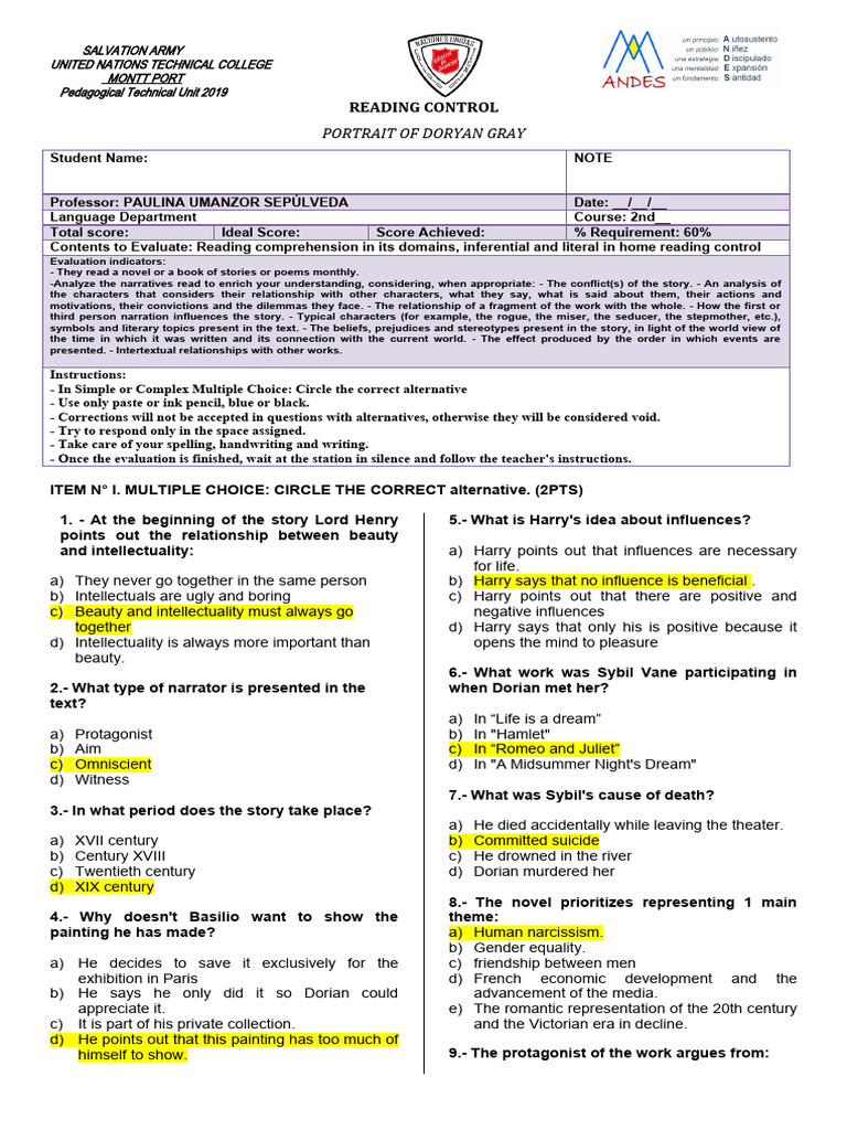 Reading Control The Portrait of Doryan Gray With Answers | PDF | The ...