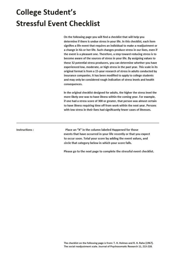 Stress Checklist | PDF | Stress (Biology) | Psychology