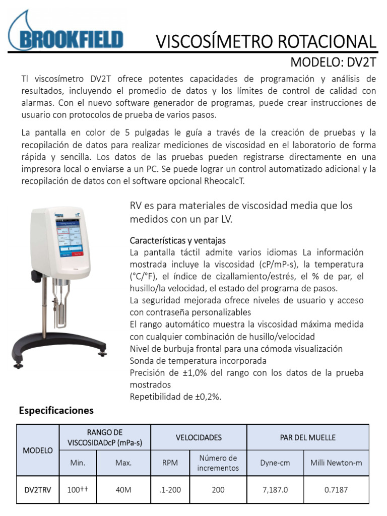 Viscosímetro Brookfield DV2T: Análisis Avanzado | PDF