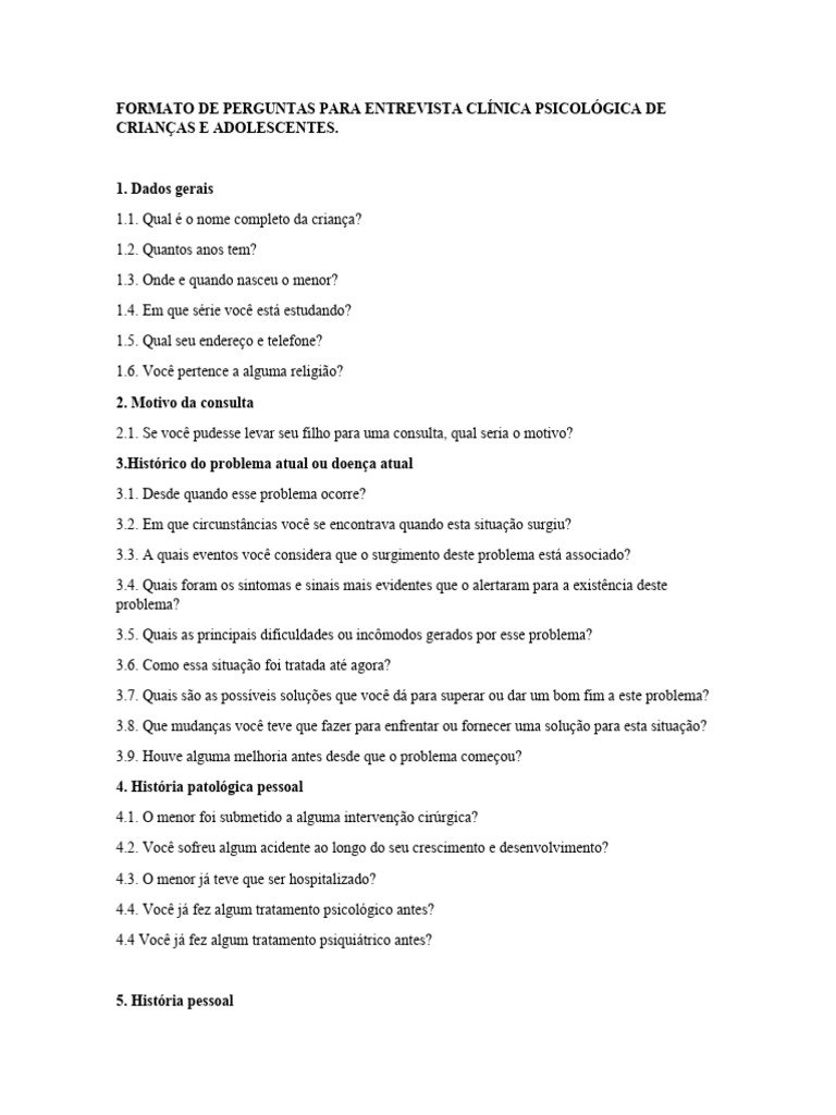 Formato de Perguntas para Entrevista Clínica Psicológica de Crianças e ...