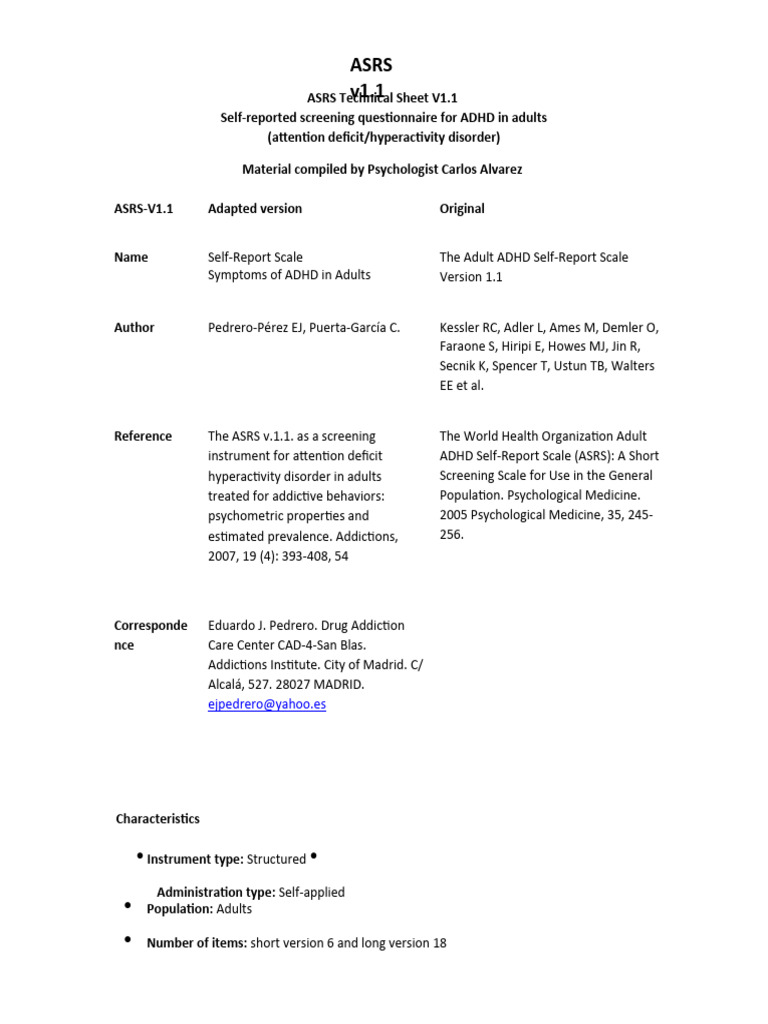 ASRS v1.1: Adult ADHD Screening Tool | PDF | Attention Deficit ...