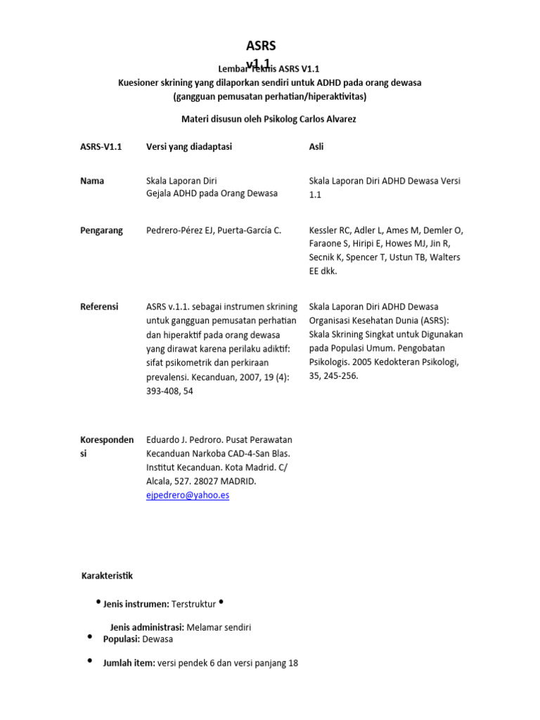 ASRS-V1.1 ADHD Pada Orang Dewasa | PDF