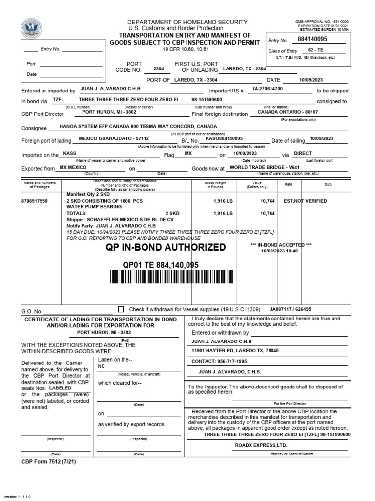 CBP Transportation Entry Manifest Guide | PDF | Cargo | U.S. Customs ...