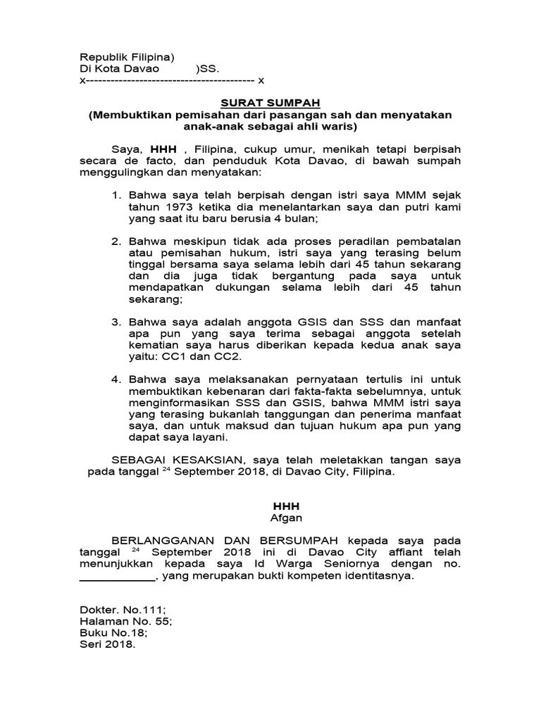 Surat Pernyataan Bahwa Pasangan Telah Berpisah | PDF Surat Pernyataan Bahwa Pasangan Telah Berpisah | PDF