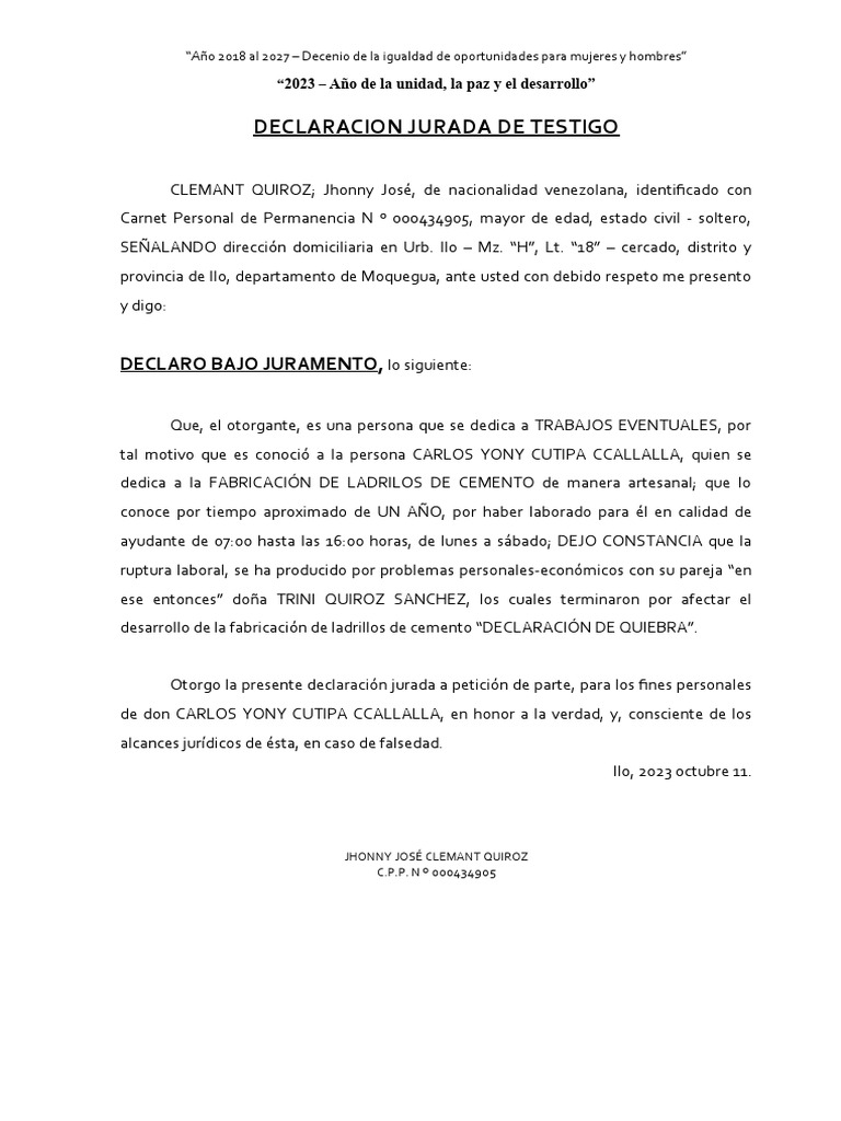 Declaracion Jurada de Testigo | PDF Declaracion Jurada de Testigo | PDF