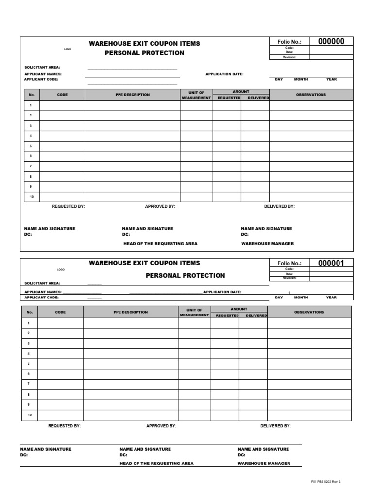 Warehouse Exit Voucher Personal Protection Elements | PDF